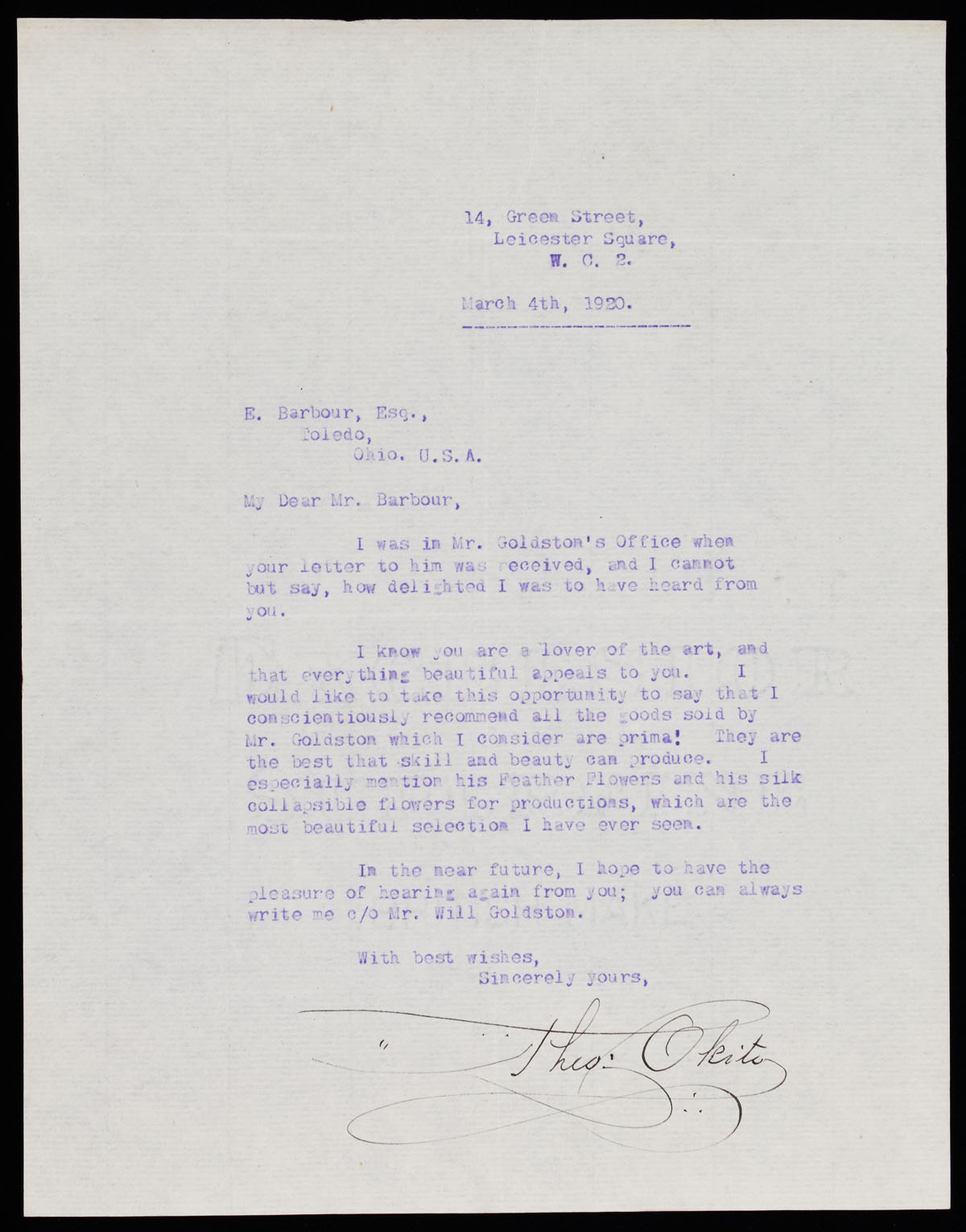 Okito Typed, Signed Letter - Quicker than the Eye